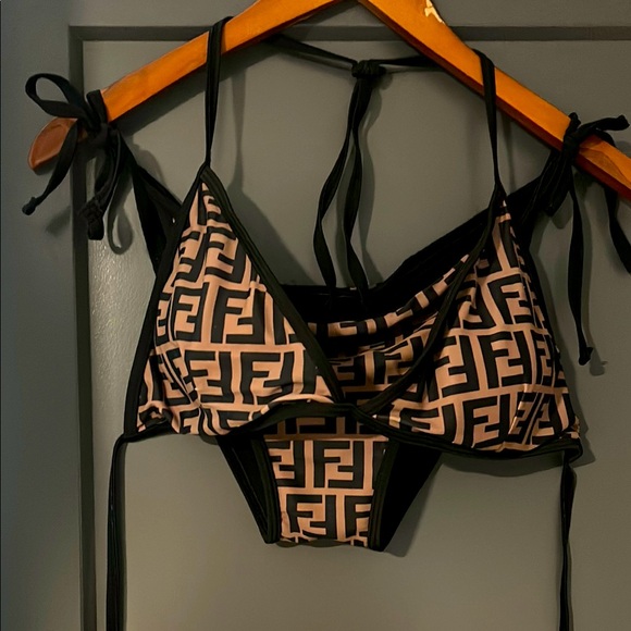 Fendi | Swim | Fendi Black And Tan String Bikini With Monogram Pattern ...